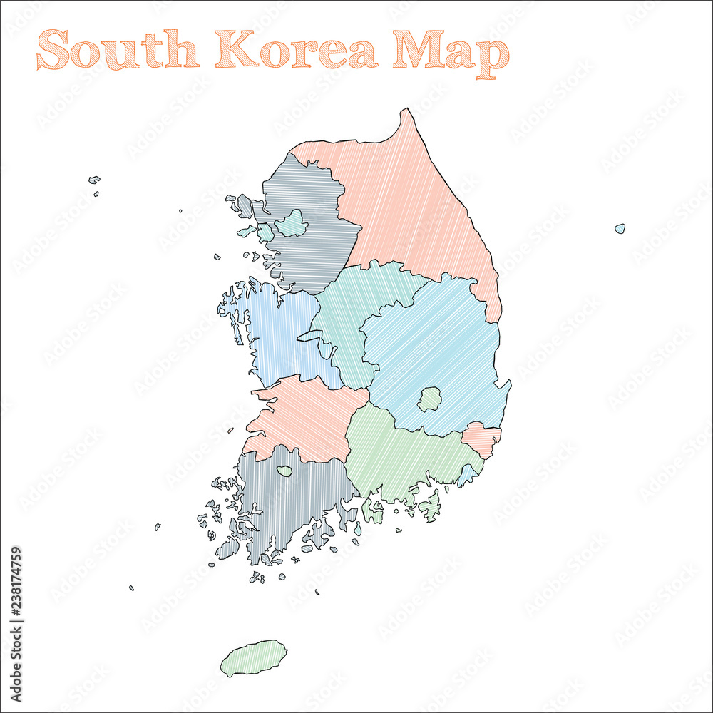 South Korea hand-drawn map. Colorful sketchy country outline ...