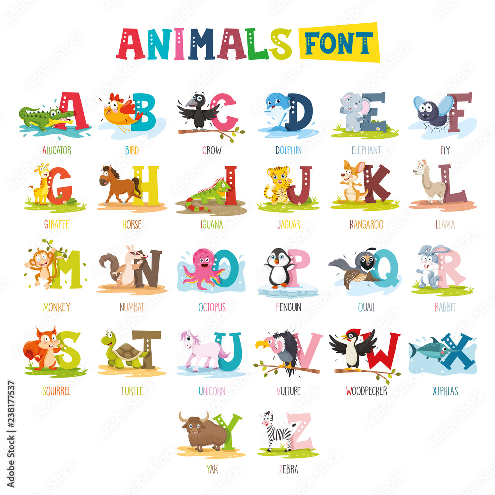 Vector Illustration Of Cartoon Animals Font Stock Vector | Adobe Stock