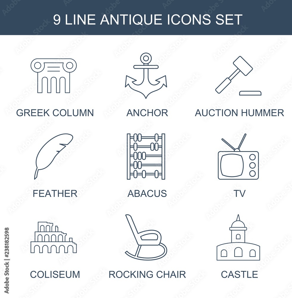 9 antique icons. Trendy antique icons white background. Included line ...