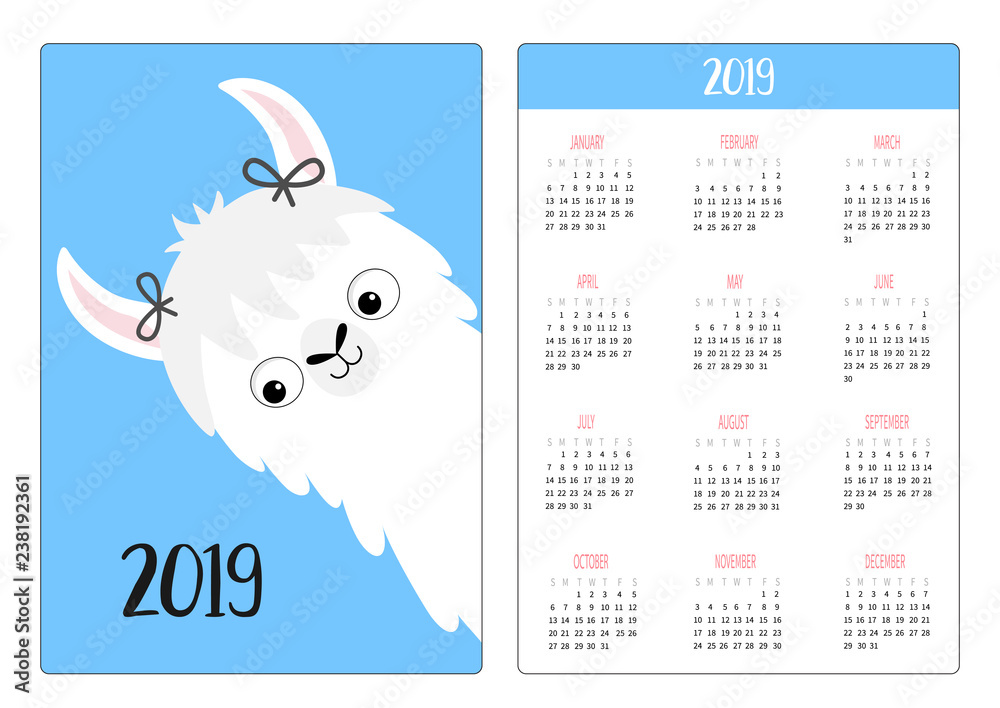 Alpaca llama girl. Simple pocket calendar layout 2019 new year. Week ...