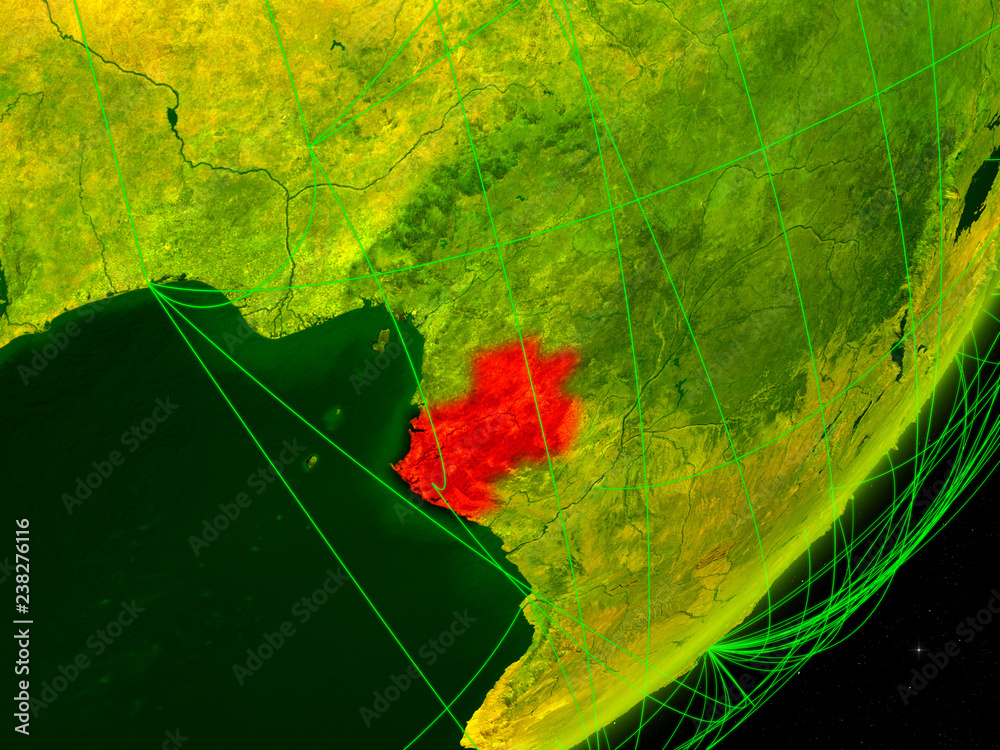 Gabon on green model of planet Earth with network at night. Concept of ...