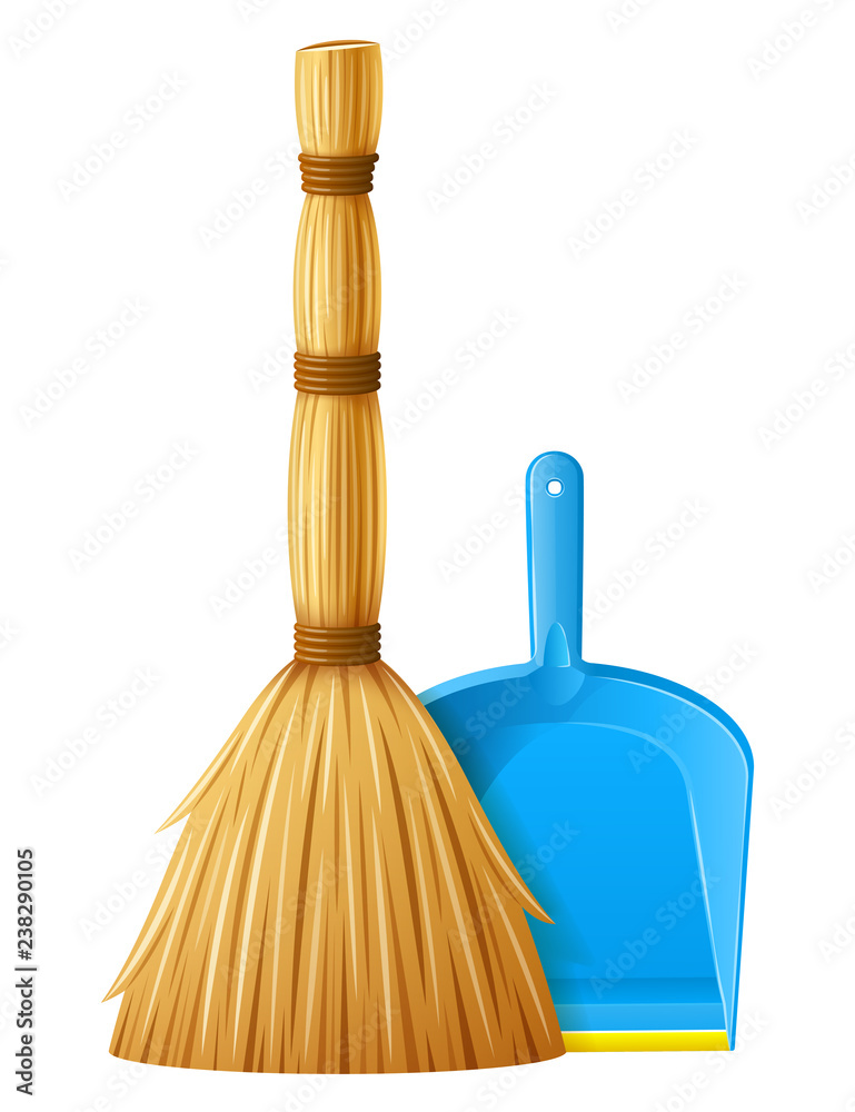 Realistic broom and blue plastic dustpan, scoop with yellow stripe ...