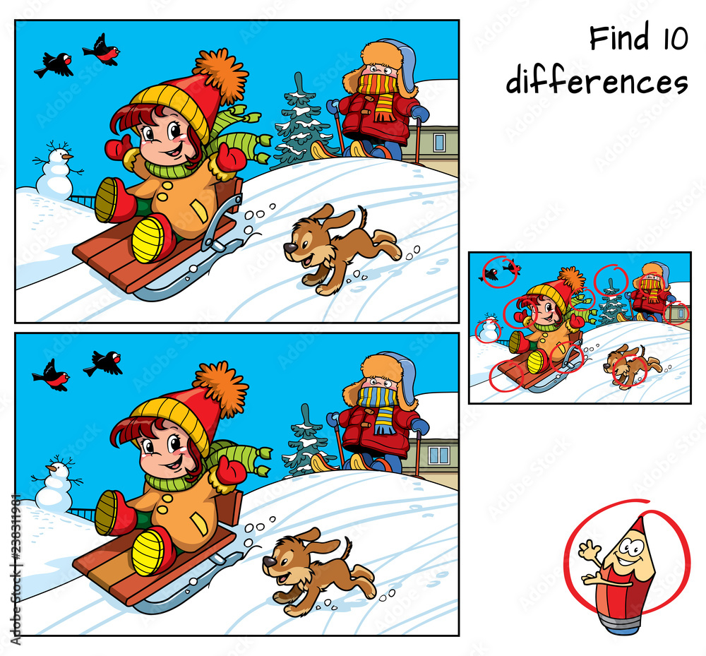 Winter holidays. Sledding little girl, skiing boy, dog and snowman ...