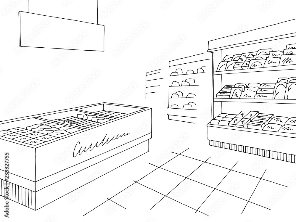 Grocery store shop interior black white graphic sketch illustration ...