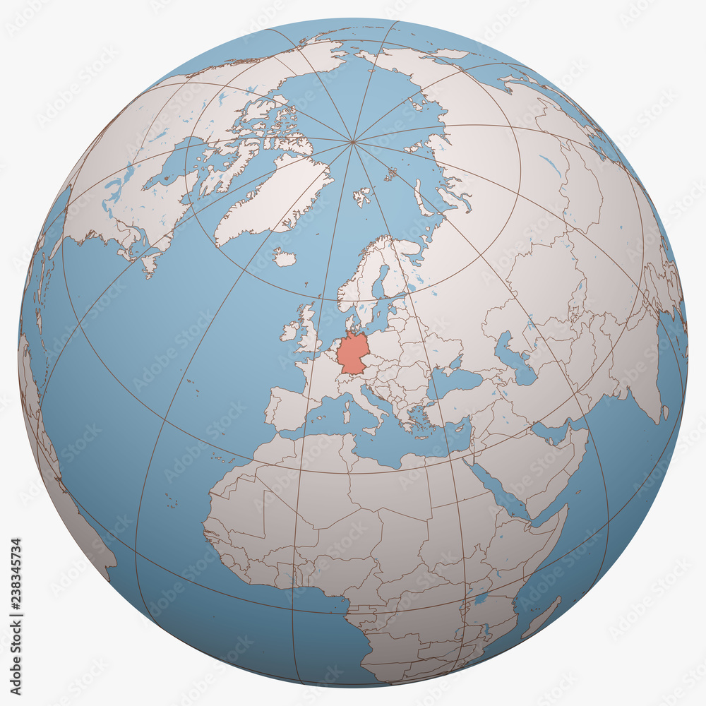 Germany on the globe. Earth hemisphere centered at the location of the ...