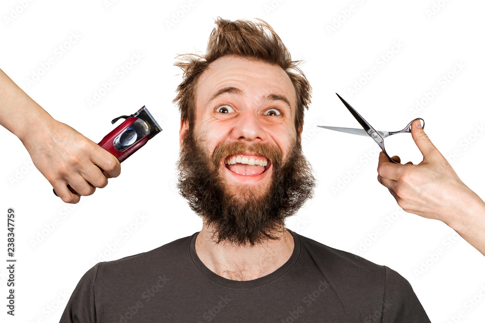 hand with clipper and hand with scissors cut overgrown unshaven guy ...