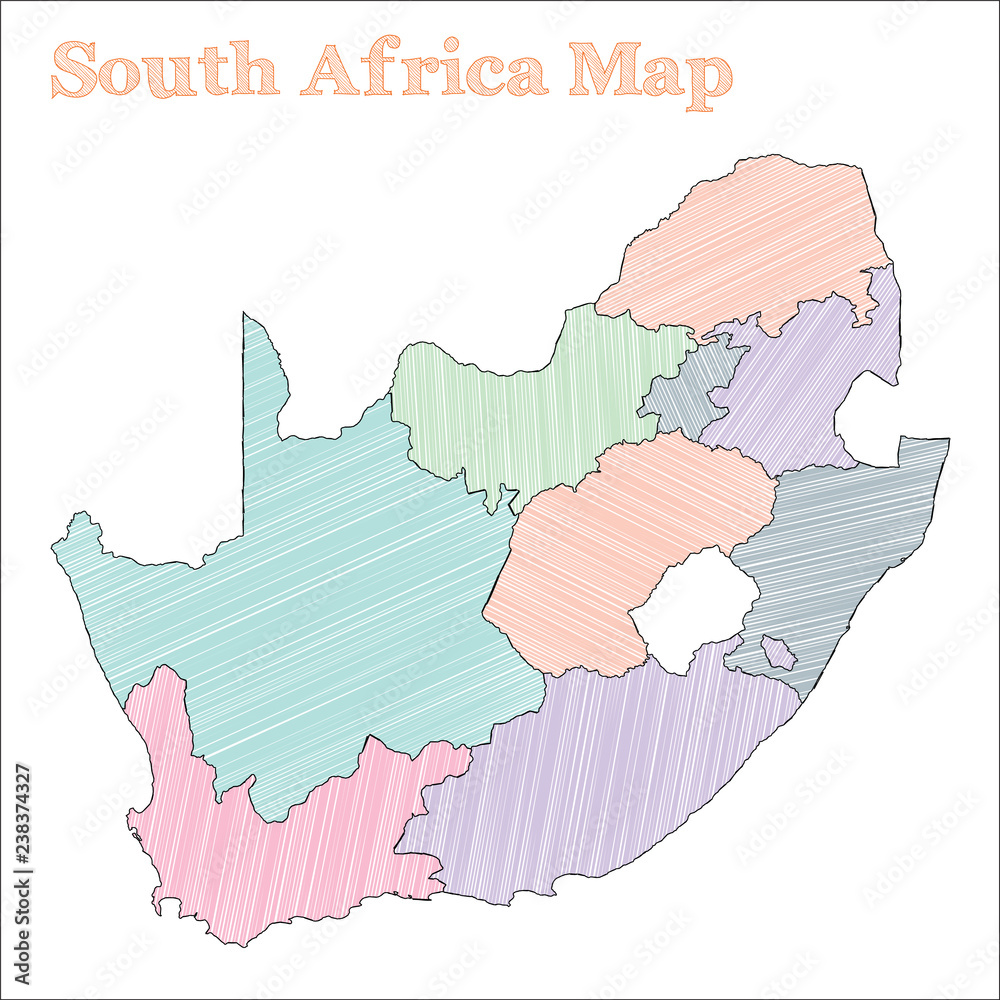 South Africa hand-drawn map. Colourful sketchy country outline. Fancy ...