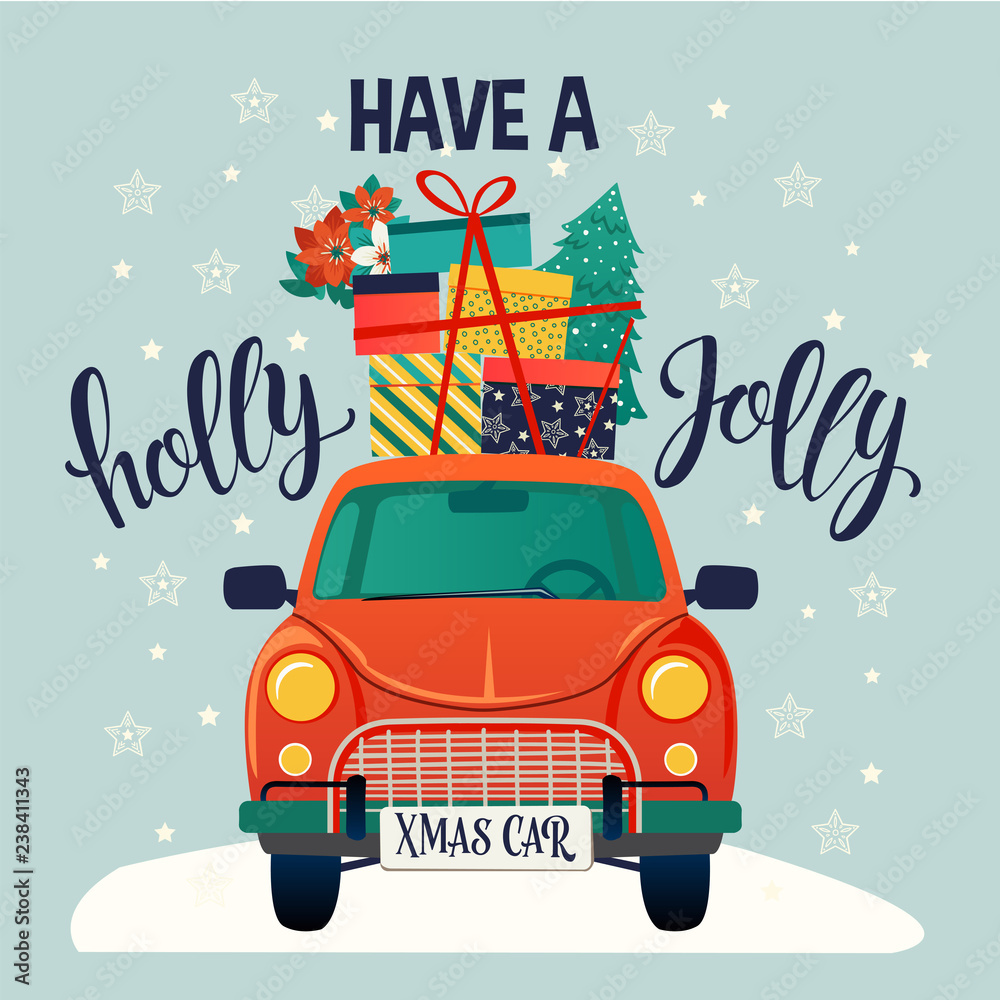 Merry christmas stylized typography. Vintage red car with christmas ...