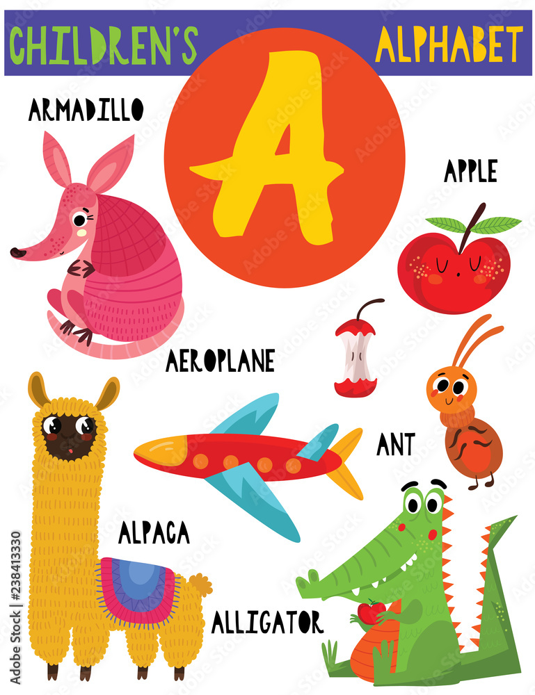 Letter A.Cute children's alphabet with adorable animals and other ...
