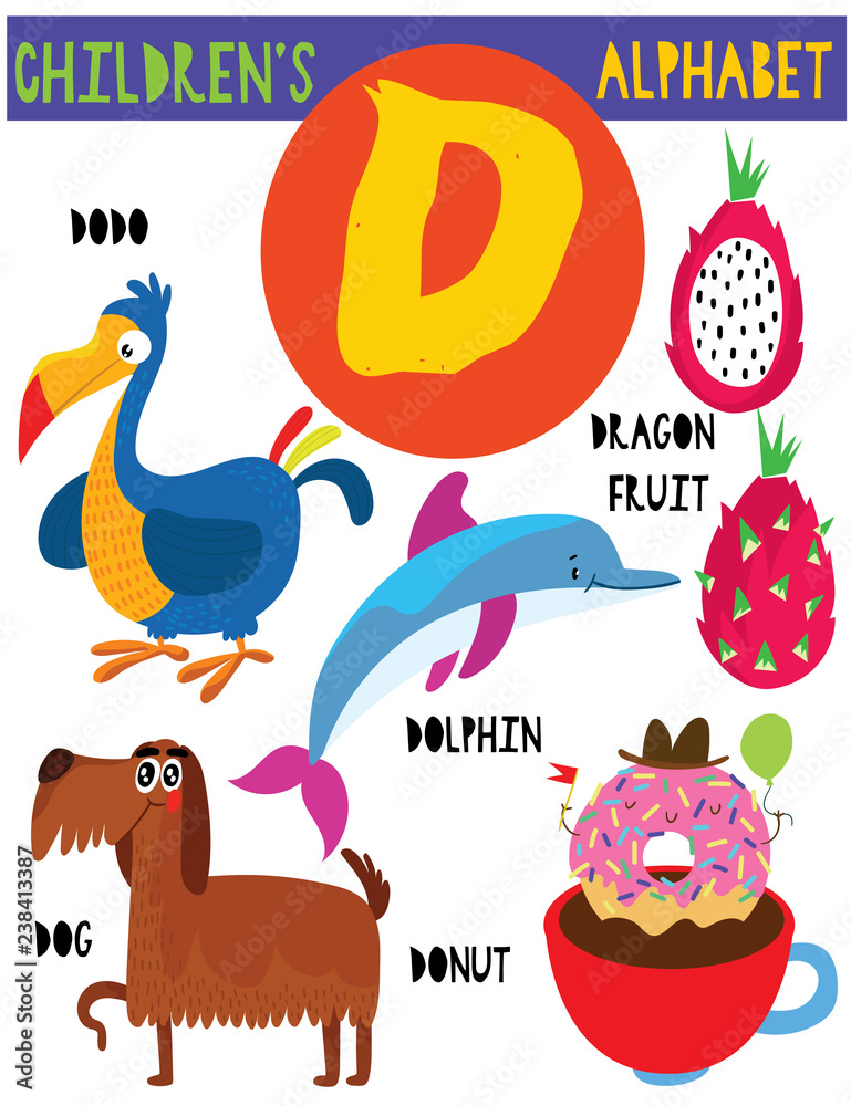 Letter D.Cute children's alphabet with adorable animals and other ...