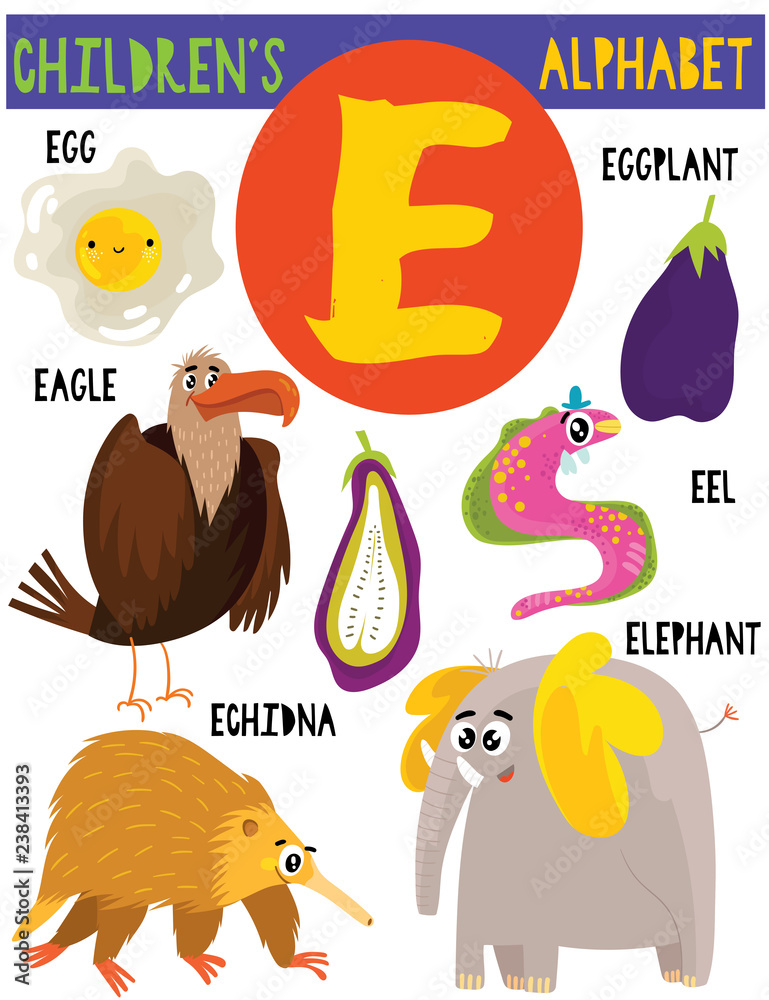 Letter E.Cute children's alphabet with adorable animals and other ...