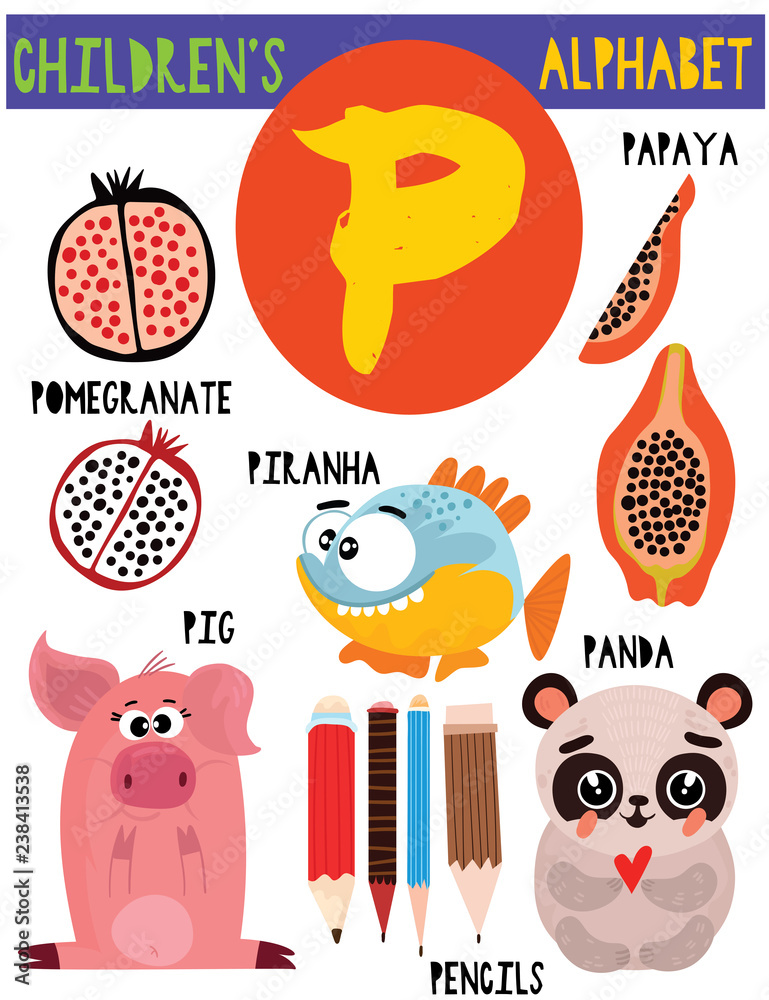 Letter P.Cute children's alphabet with adorable animals and other ...