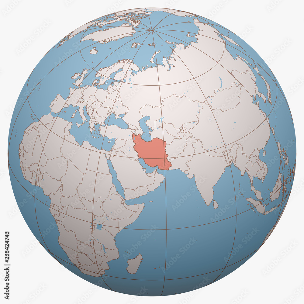 Iran on the globe. Earth hemisphere centered at the location of the ...