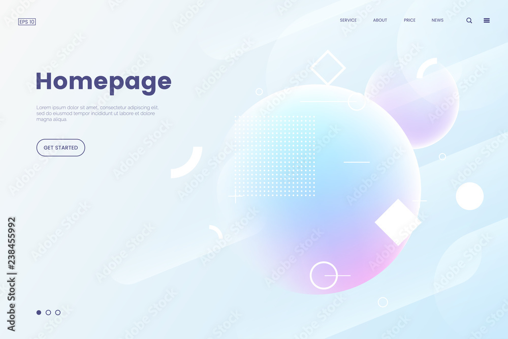 Vector homepage template with abstract dynamic background. 3d shpere ...