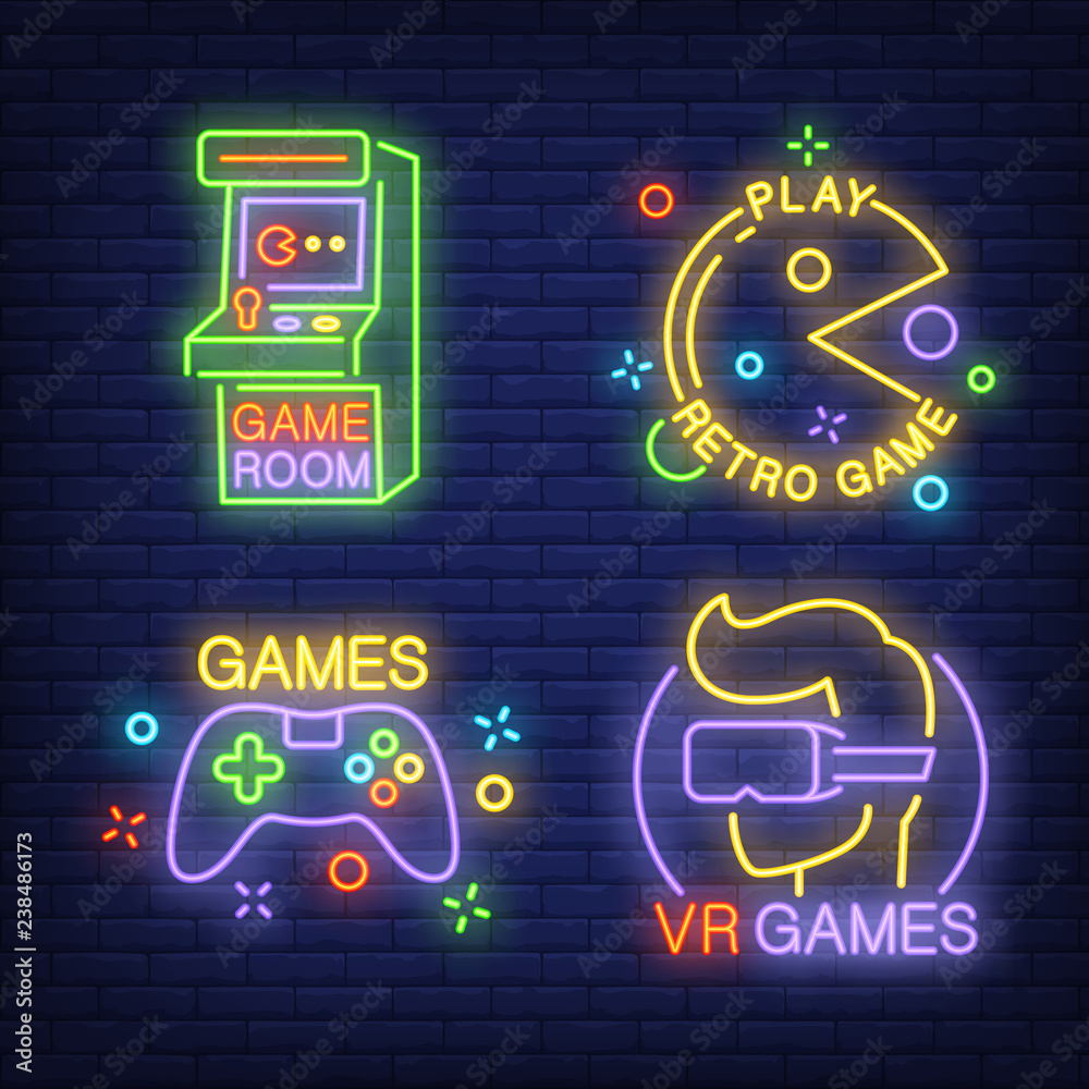 Game room neon sign set. Retro arcade machine, vr headset, gamepad on ...