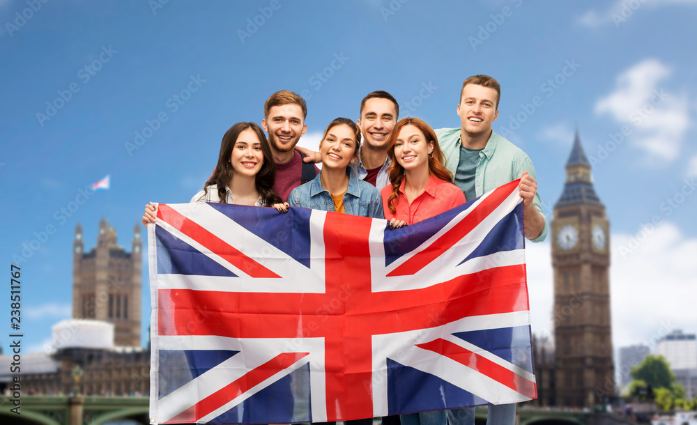 travel, citizenship and education concept - group of smiling friends ...