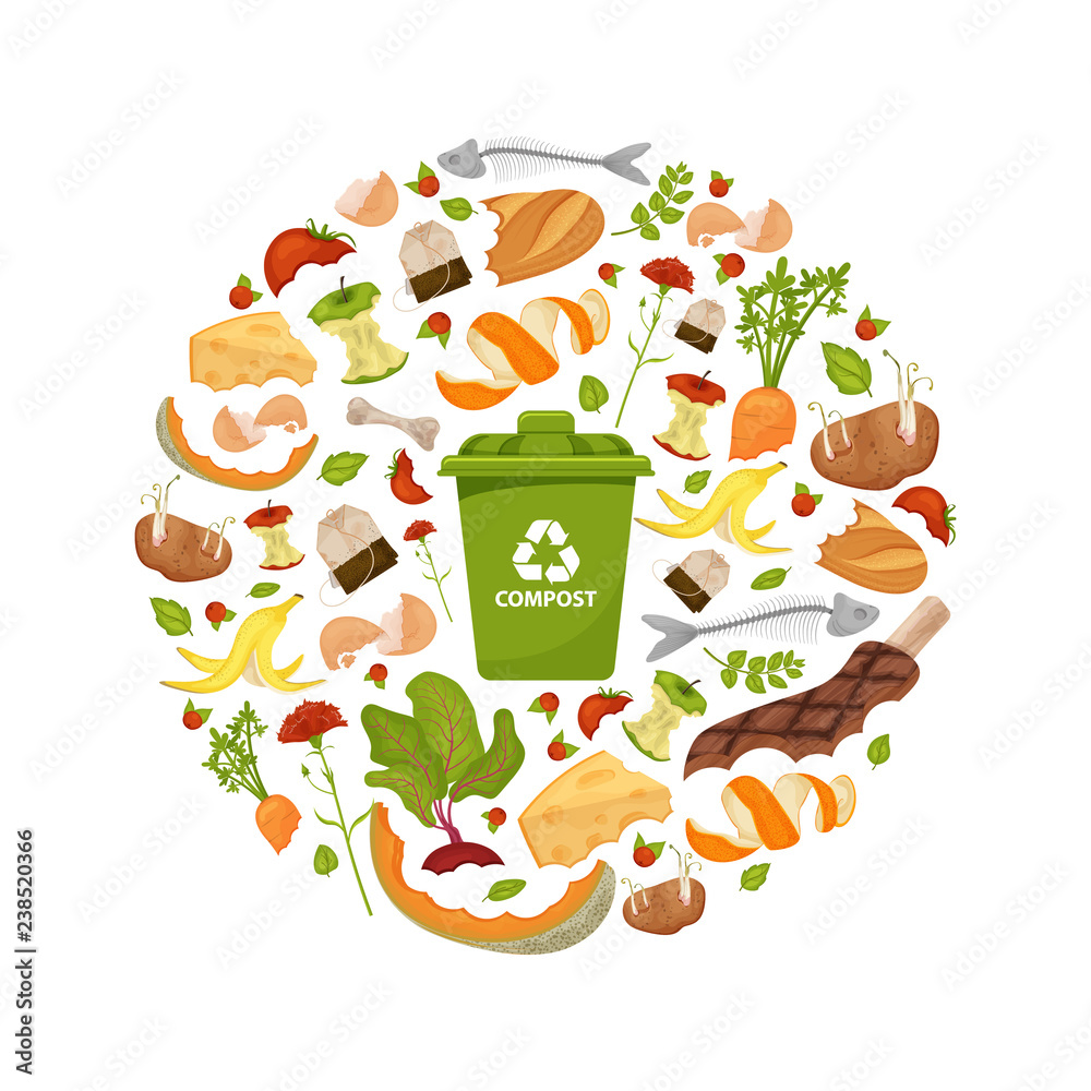 Round template Organic waste theme. Collection of fruits and vegetables ...