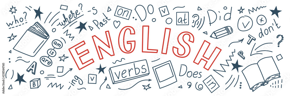 English. Language hand drawn doodles and lettering on white background ...