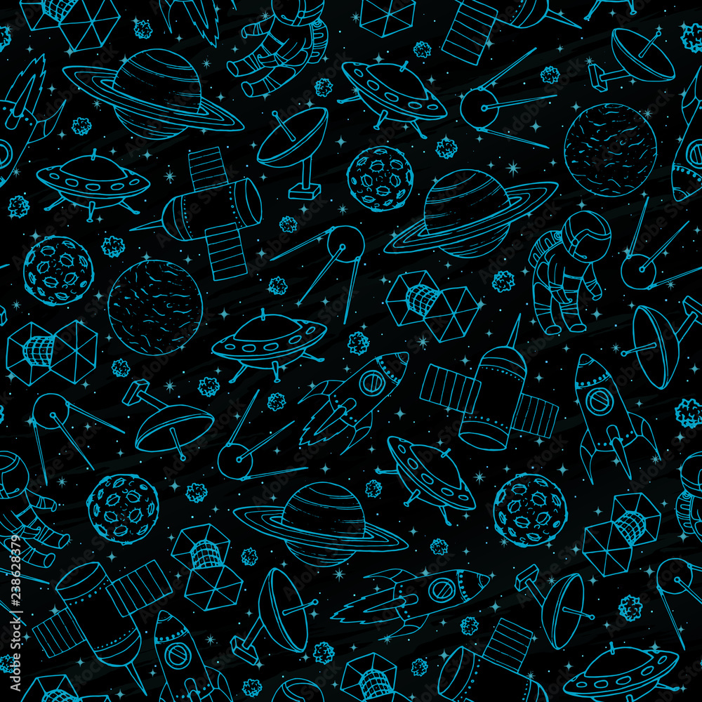 Vector seamless pattern with Saturn planet, moon, stars, flying rockets ...