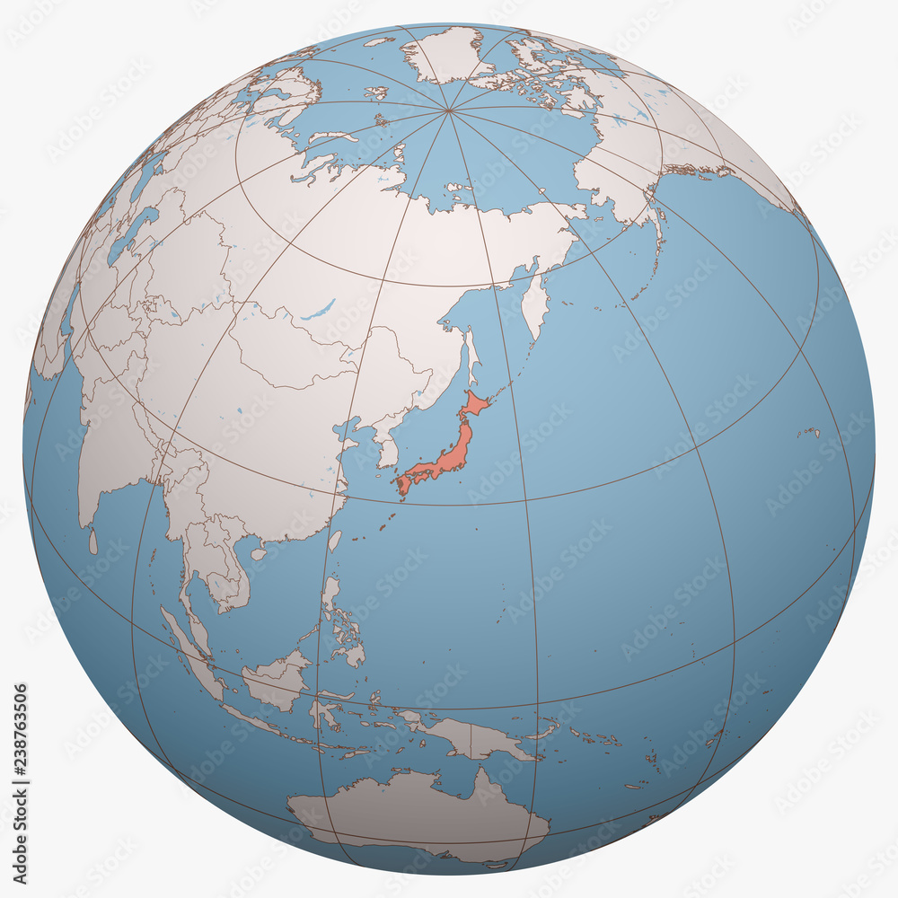 Japan on the globe. Earth hemisphere centered at the location of Japan ...