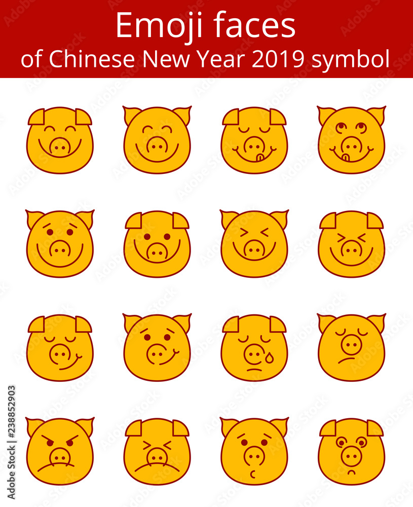 Emoji pig faces vector line icon set. Happy Chinese new year 2019 ...