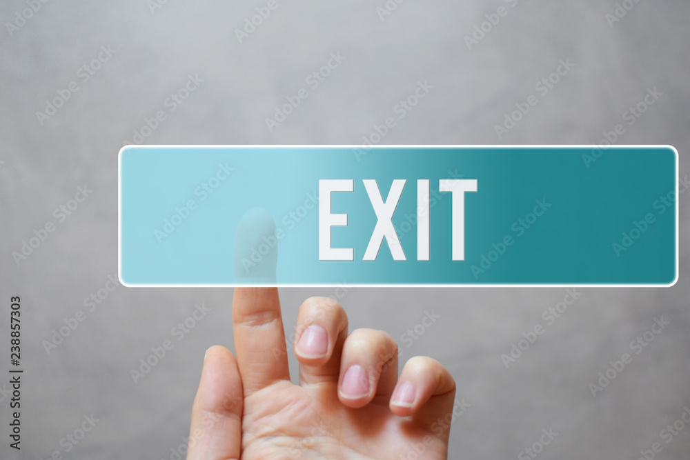 Exit - finger pressing blue transparent button on virtual touchscreen ...