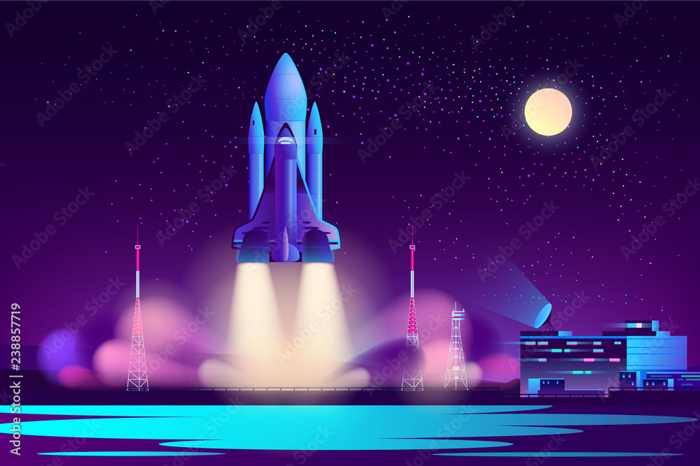 Future space shuttle night start from launch pad near flight control ...