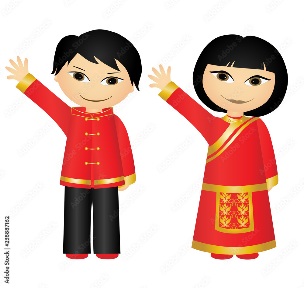 Chinese boy and girl waving in traditional costumes Stock Vector ...