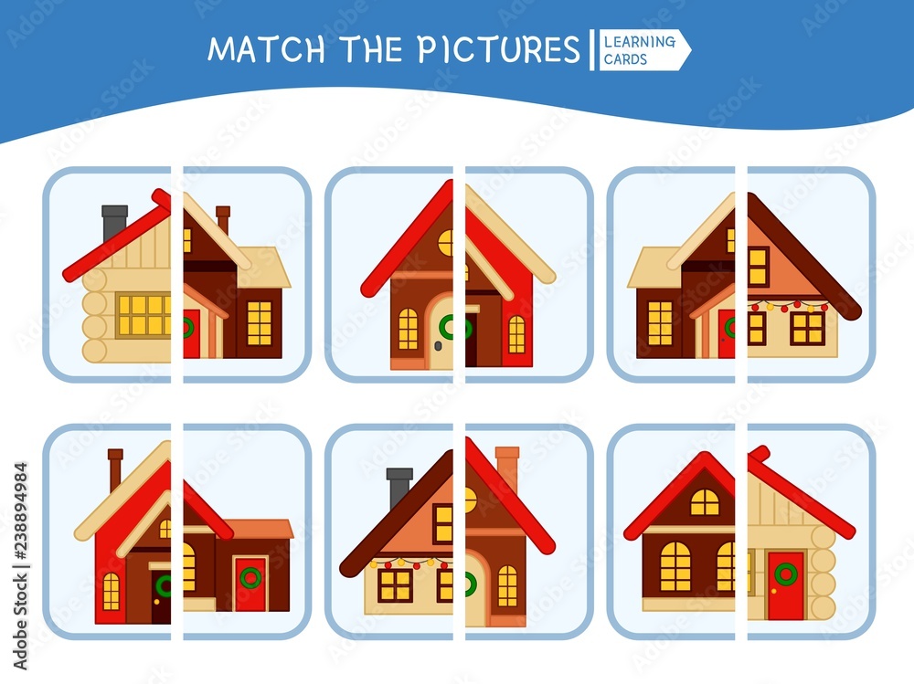 Matching children educational game. Match parts of cartoon house ...