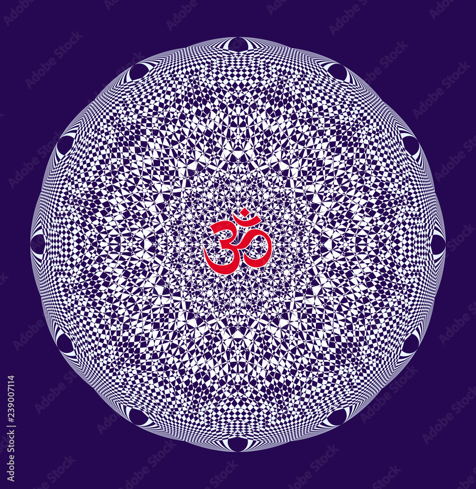 White mandala with aum / ohm / om sign in the center on a blue ...