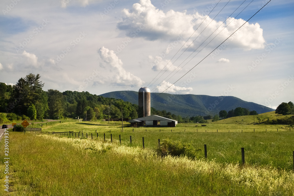 Rural pastoral landscape with silo tower, green farm fields and picket ...