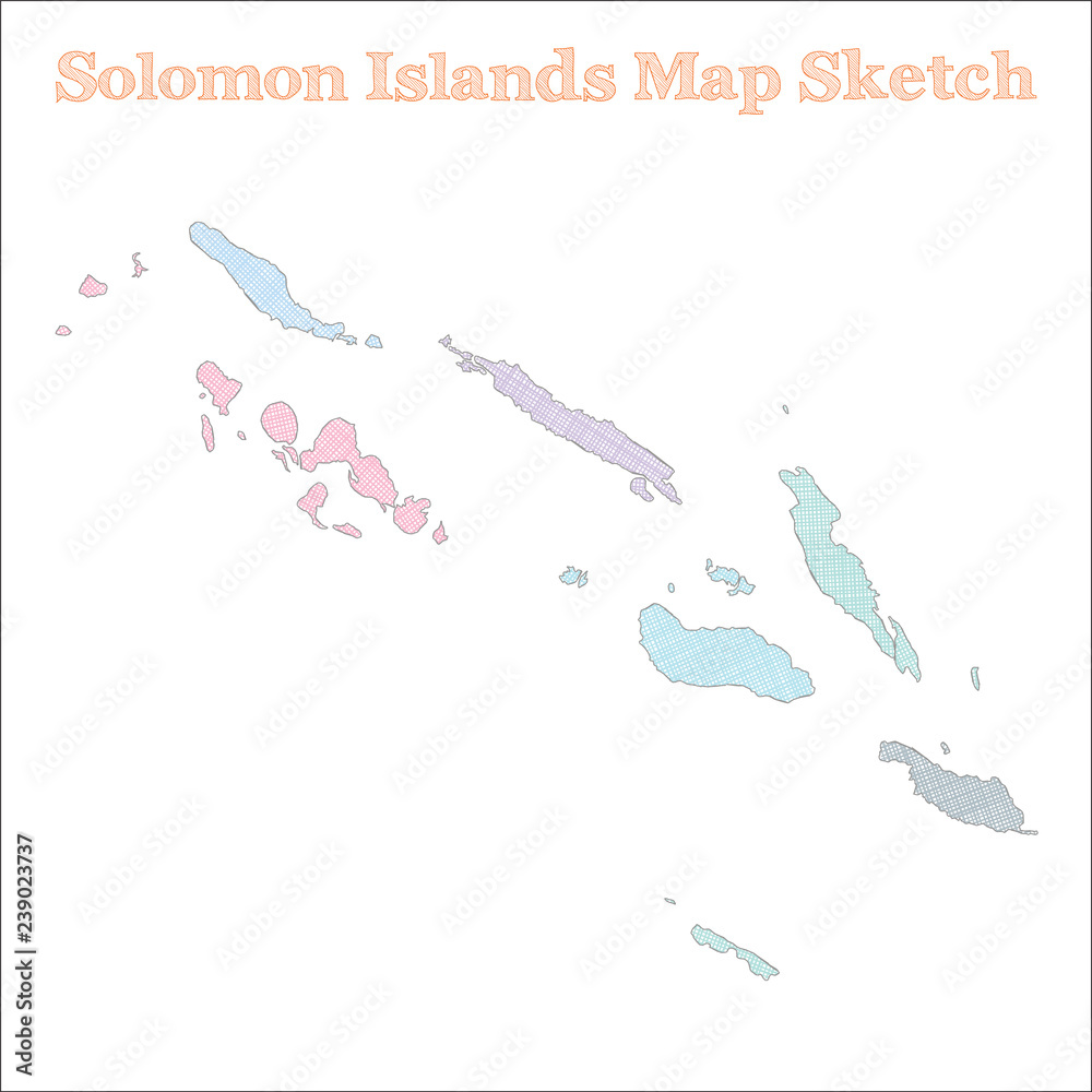 Solomon Islands map. Hand-drawn country. Bizarre sketchy Solomon Islands map with regions ...