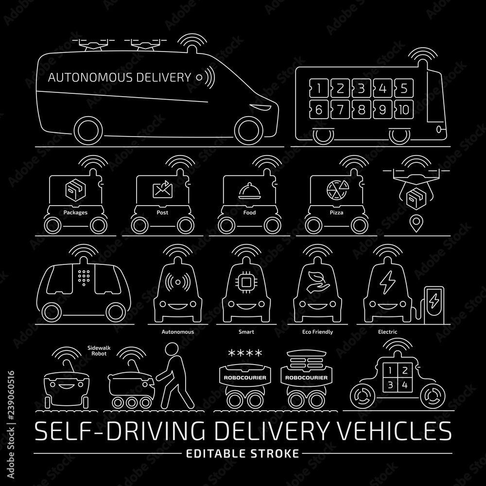 Self drive delivery robot vehicle line icon set on a black background ...
