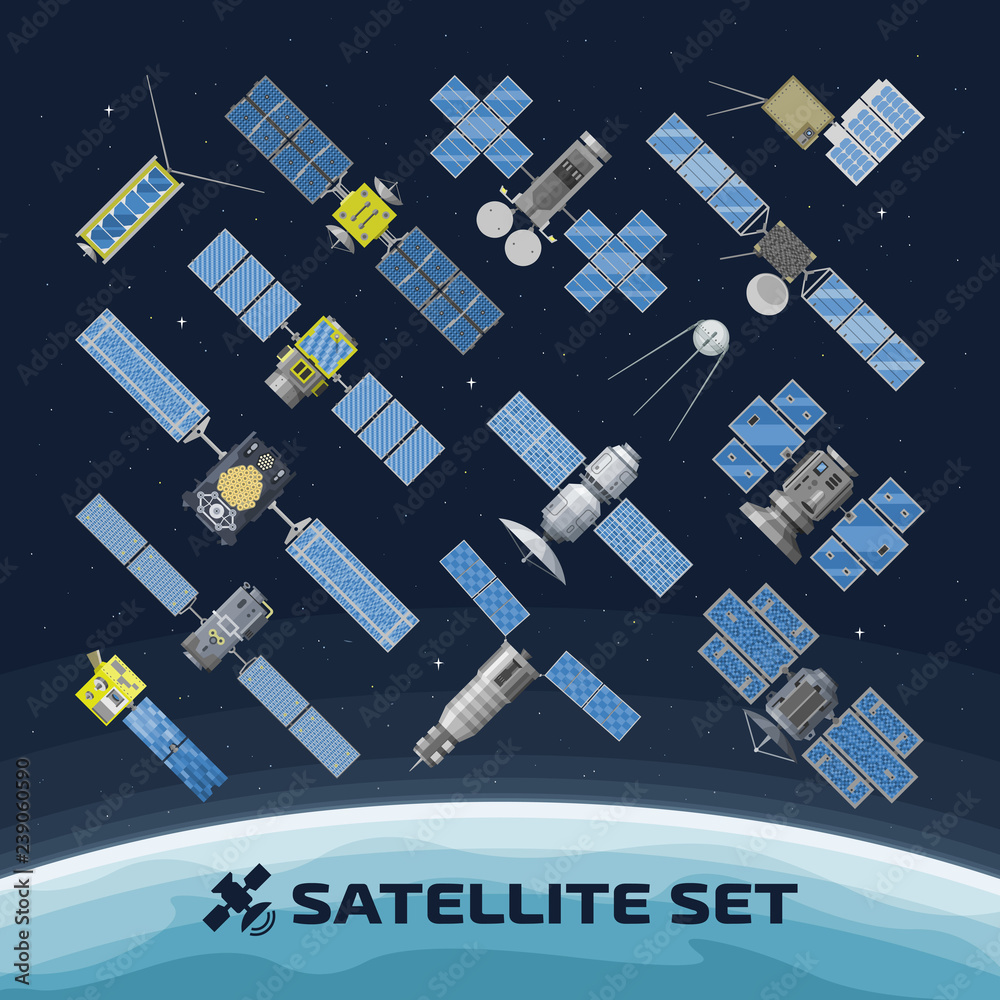 Flat vector isolated illustration of communication satellite on a space ...