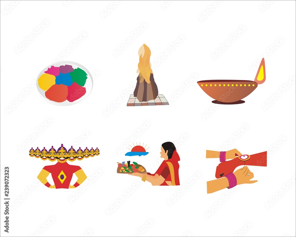 Indian Famous festival Icon set. Holi, Lohri, Diwali, Dassehra, Chhatt ...