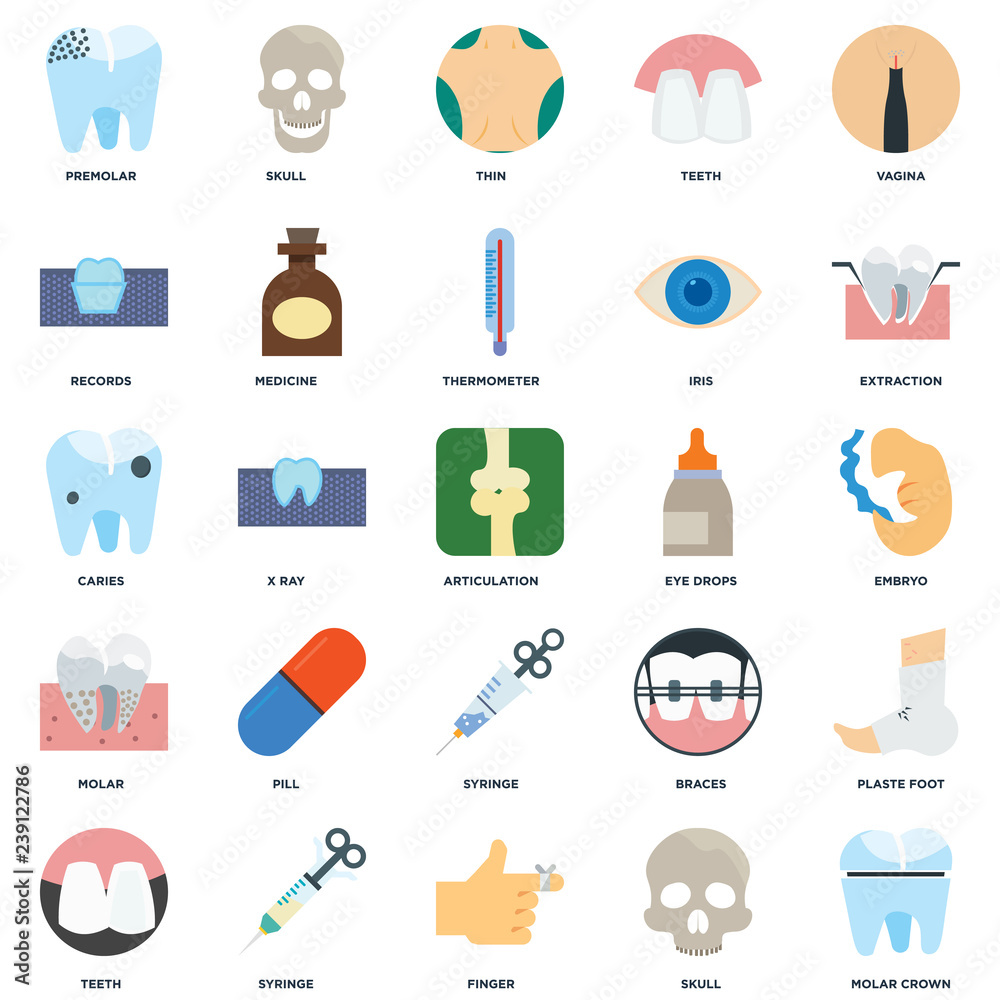 Set Of 25 icons such as Molar crown, Skull, Finger, Syringe, Teeth ...