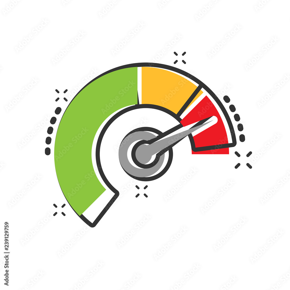 Meter dashboard icon in comic style. Credit score indicator level ...