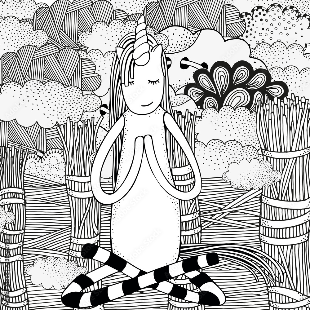 unicorn in yoga easy pose. coloring book page. Old rustic fence. Wind ...