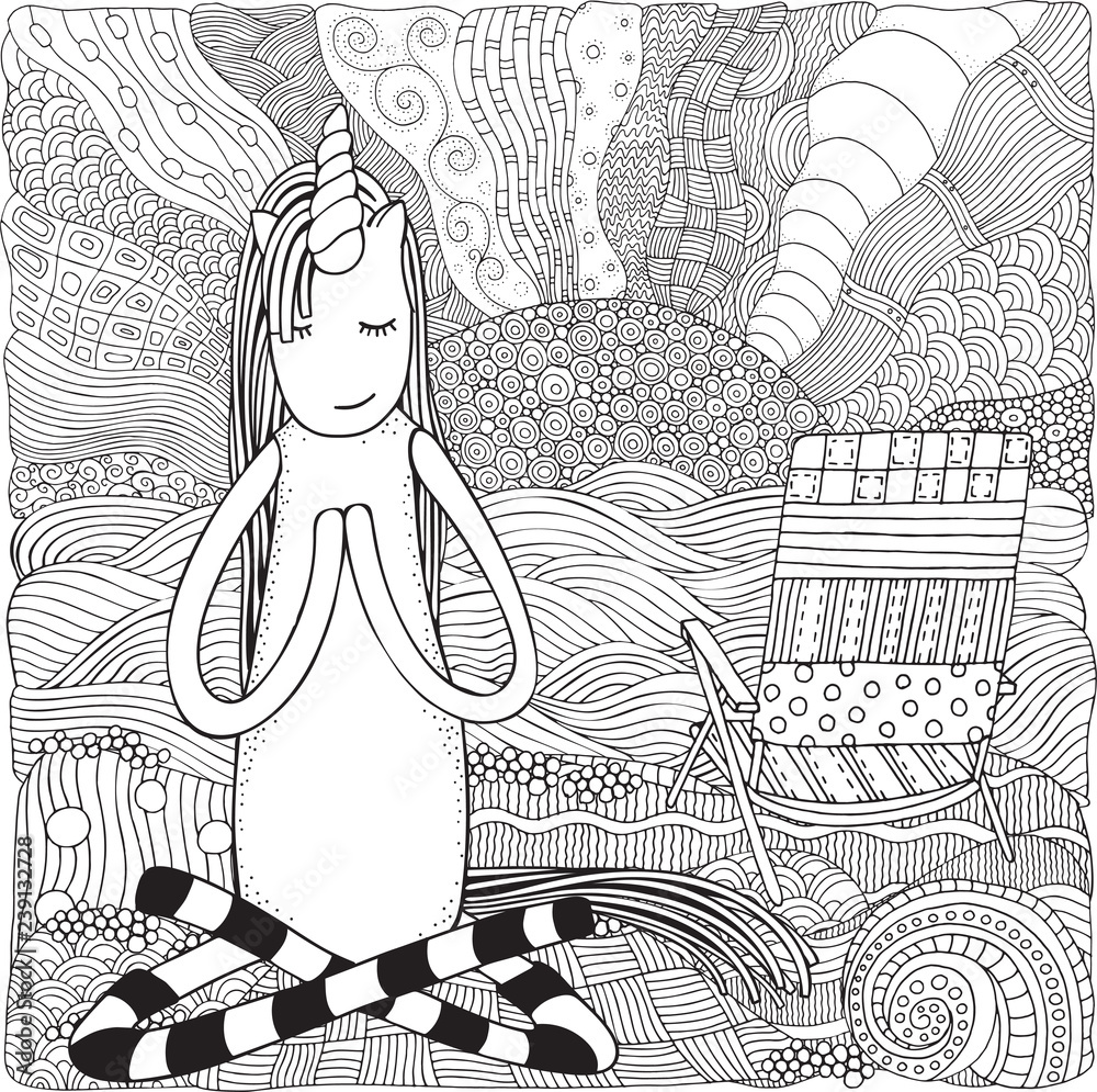 unicorn in yoga easy pose. coloring book page. Deckchair on a beach ...