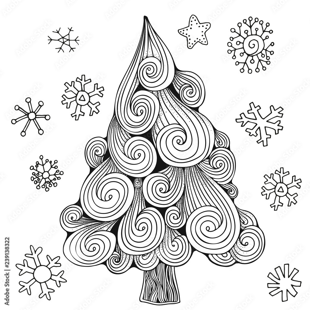 Christmas tree and snowflakes. Vector Pattern for adult coloring book ...