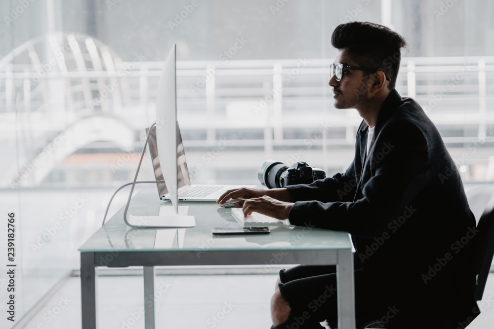 Professional Photographer Works in Photo Editing App. Software on His ...