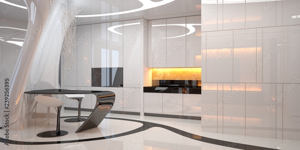 Kitchen of the future. Futuristic bar counter with chairs. Modern ...