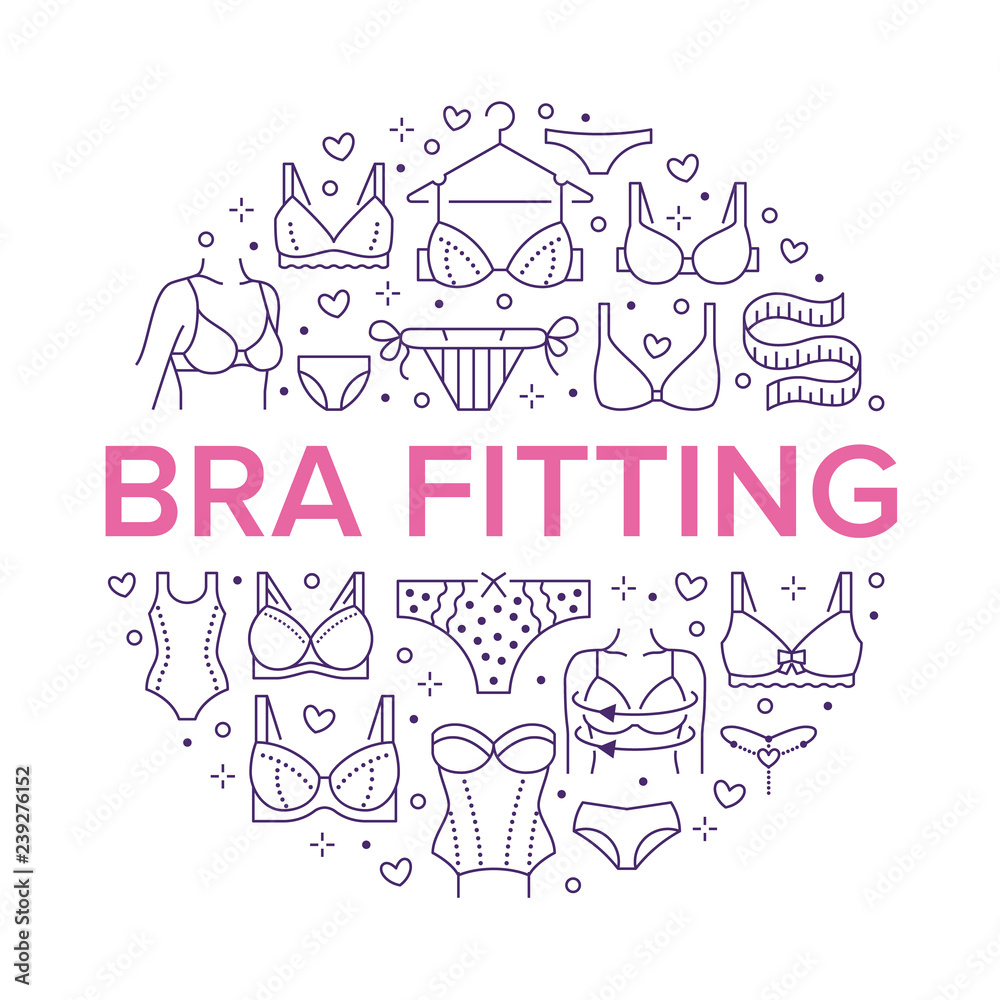 Lingerie circle poster with flat line icons of bras types, panties ...