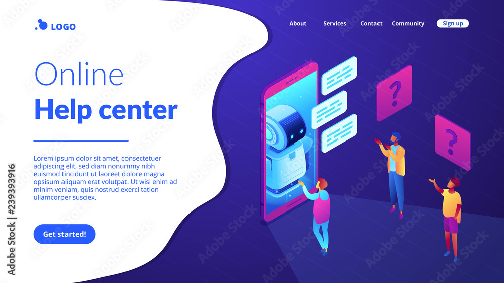 Users in front of huge mobile phone asking chatbot for help. Chatbot ...