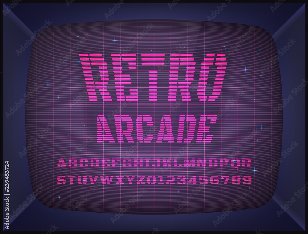 Retro arcade game machine. Screen background and font. Vector ...