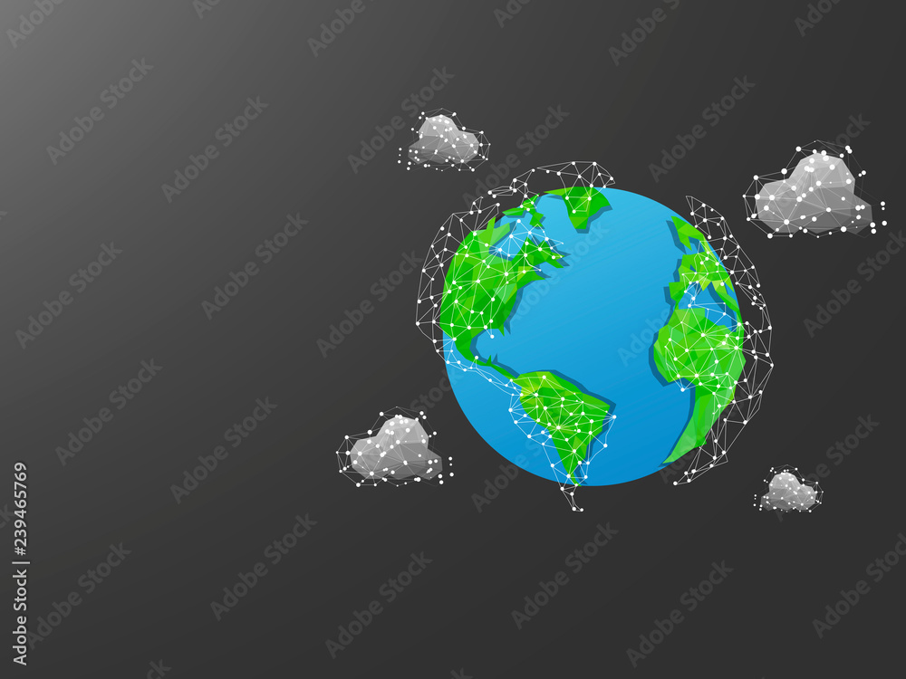 Abstract green 3D planet Earth with clouds, blue ocean made from lines ...