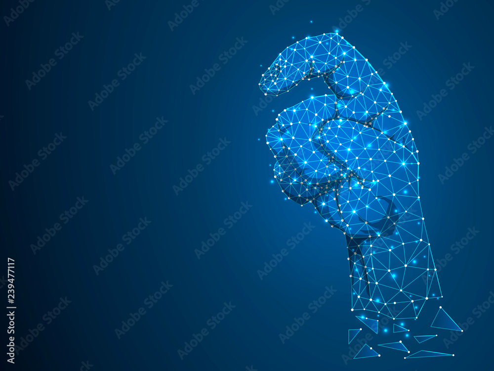 Ilustrace Sign language X letter, low poly model of human hand pointing ...