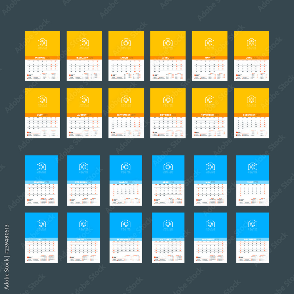 Wall calendar template for 2019 year. Week starts on Sunday. Week ...