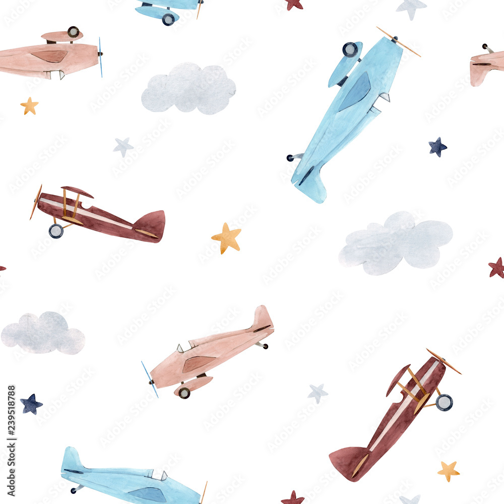 Watercolor aircraft baby pattern Stock Illustration | Adobe Stock