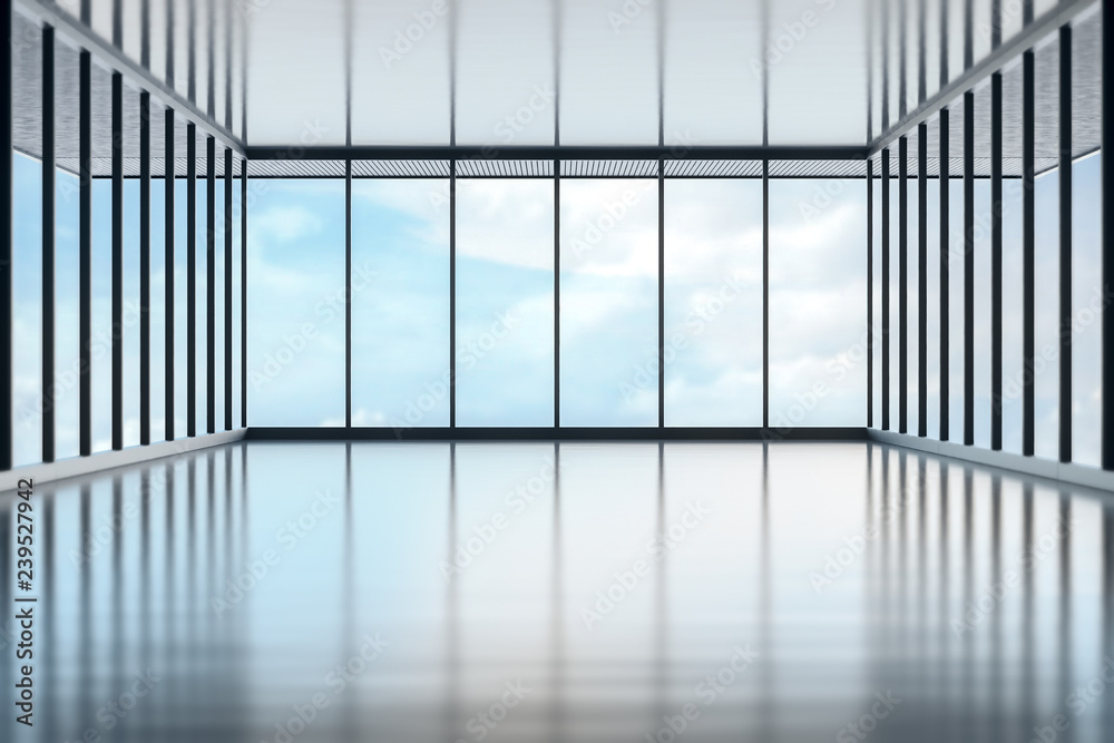 Front big hall and wide window with reflection floor. Sky view and ...